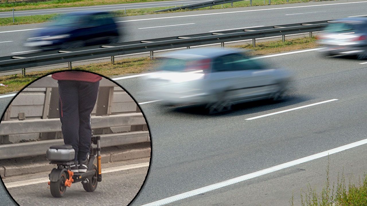 Mężczyzna jechał na hulajnodze elektrycznej po drodze krajowej. Jazda na hulajnodze elektrycznej ...